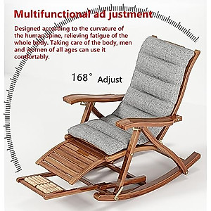 LEIYTFE Garden Bamboo Rocking Chair Folding Reclining Patio Chairs Adjustable Back Balcony Lounge Chair with Foot Massage,Upholstered Rocker Chair for Elderly (Color : Gray, Size : Log)
