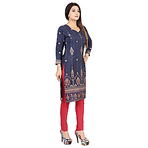 Indian Kurtas for Women Silk Long India Kurti Tunic Party Wear Tops (Blue, 3XL)