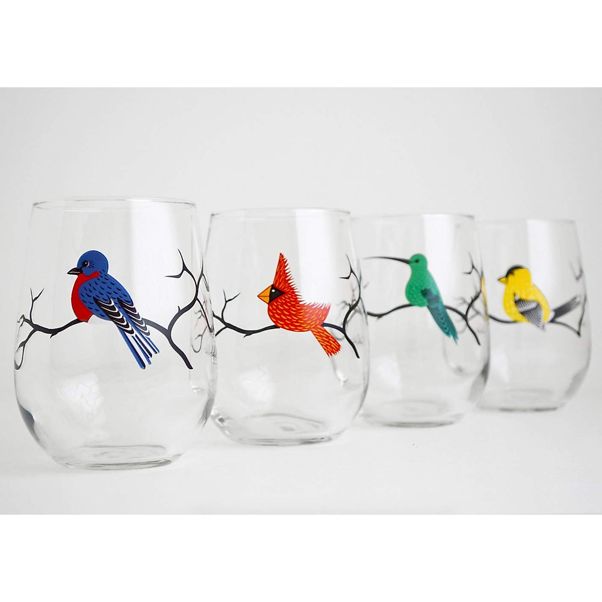 Stemless Wine Glass Set of 4 Birds - Silkscreened Glassware Collection - Bird Watching Gifts