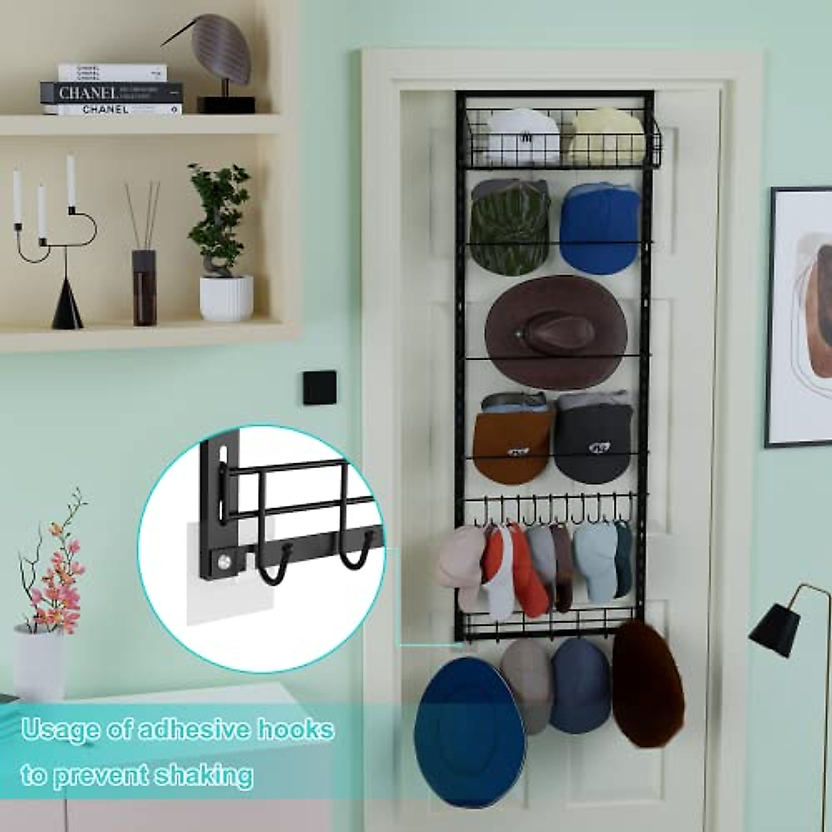 Yociyoga Metal Hat Racks for Baseball Caps, Over the Door Hat Organizer Hat Holder with Door Hooks & 17 Hat Hooks, Adjustable Tier Height Hat Hanger Hat Storage with Storage Basket, Black