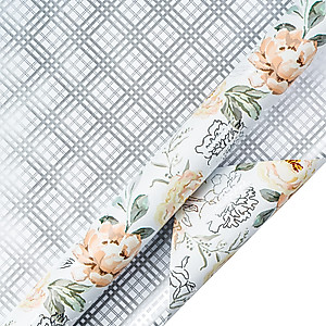 LeZakaa Reversible Silver Foil Wrapping Paper Roll - Silver Flower & Plaid Design for Wedding, Engagement, Bridal Shower, Anniversay, Mother's Day - 17 inches x 32.8 Feet