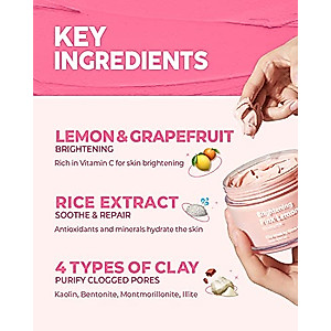 Glam Up Brightening Pink Lemon Clay Mask | Vegan Facial masks, Brightening Pink Clay Mask for Dark Spots | Gentle Exfoliating Hydrating Face Masks Skin care, Pore Cleansing Blackhead remover - (125ml/4.23 Oz)