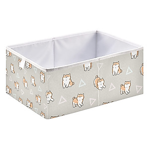 Seamless Cute Cartoon Shiba Inu Dogs Geometric Triangles on Warm Grey Square Storage Basket Bin, Collapsible Storage Box, Foldable Nursery Baskets Organizer for Toy, Clothes Easy to Assemble