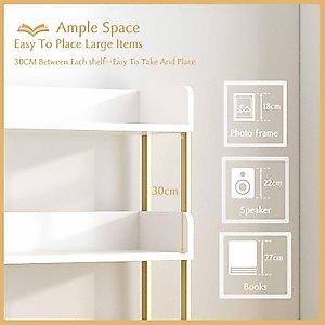 OSCHF Wide Open Shelf Bookcase - Modern 4-Tier Floor Standing Display Bookshelf with Three-Side Baffles for Home and Office, Storage Shelving in Warm White with Gold Frame