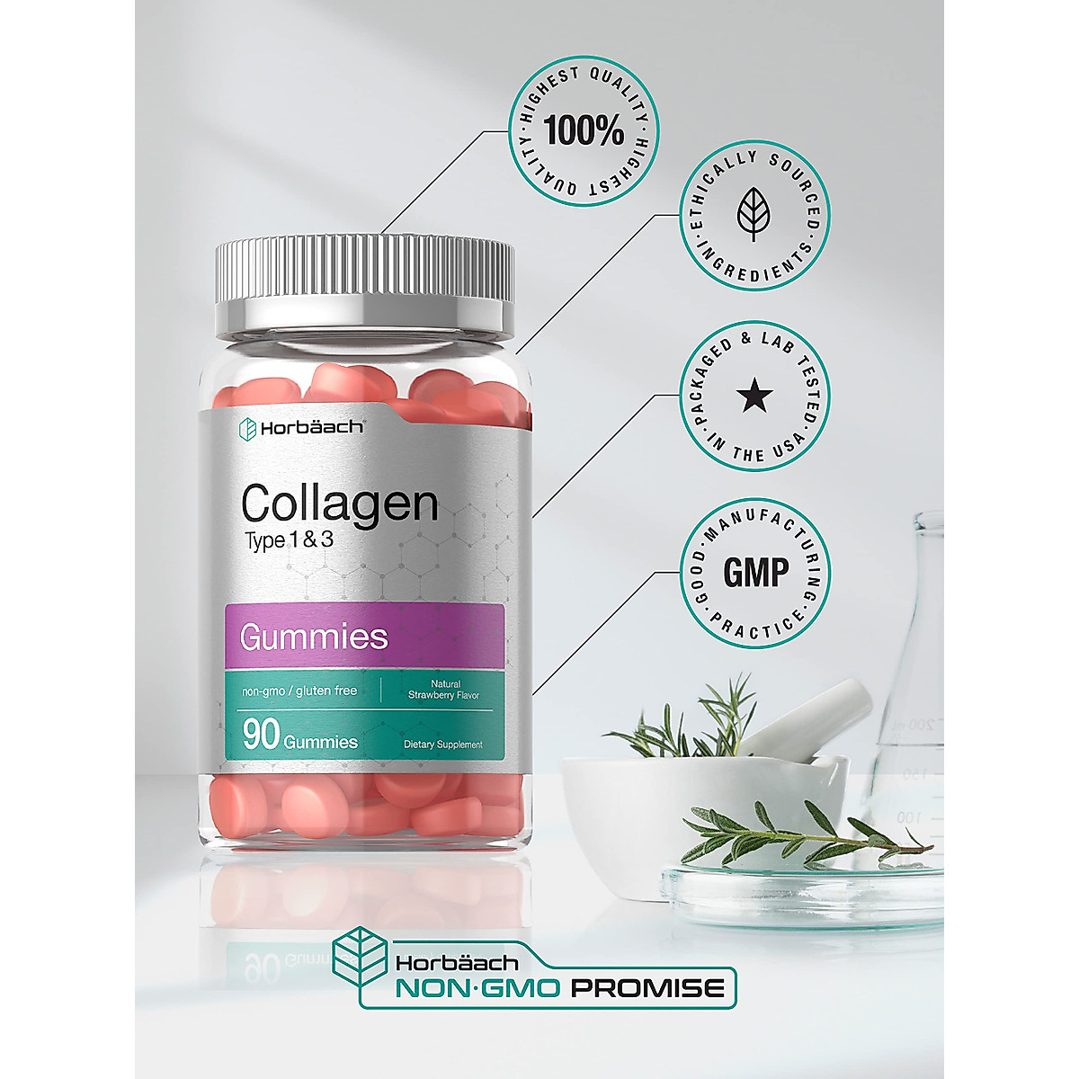 Horbäach Collagen Gummies | 90 Count | Strawberry Flavored Gummy | Hydrolyzed Type 1 and 3 | Non-GMO, Gluten Free