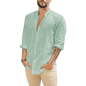 Mens Linen Button Down Shirts Long Sleeves Summer Beach Casual Regular Fit Shirt Tops Green