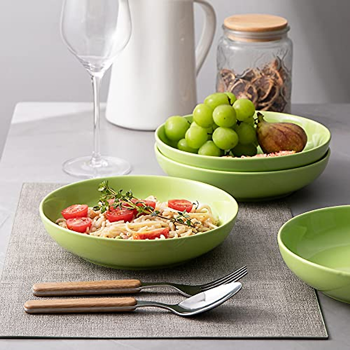 Sweejar Pasta Bowls, Ceramic Dinner Plates, 25oz Salad Serving Bowls for Soup, Dessert, Pizza, Fruit, Steak, Microwave Dishwasher Safe, Set of 4 （Green）