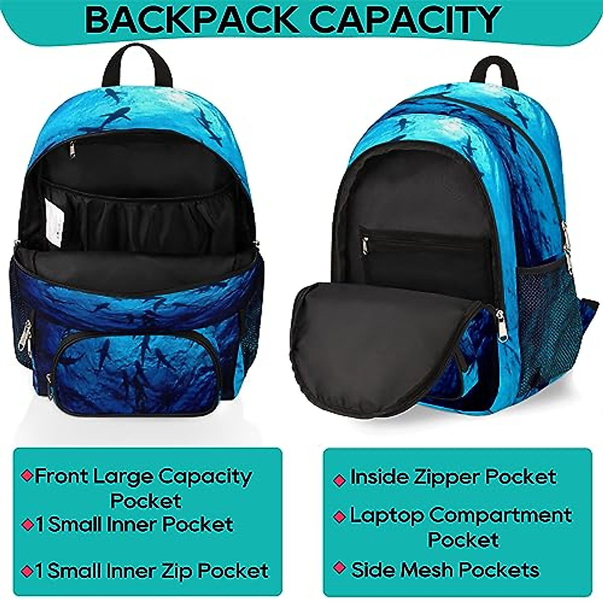 Ocean Animal Sharks Backpack for School Girls Boys,School College Backpack Rucksack Travel Bookbag Student Classics Backpack Cute Book Bags With Chest Strap