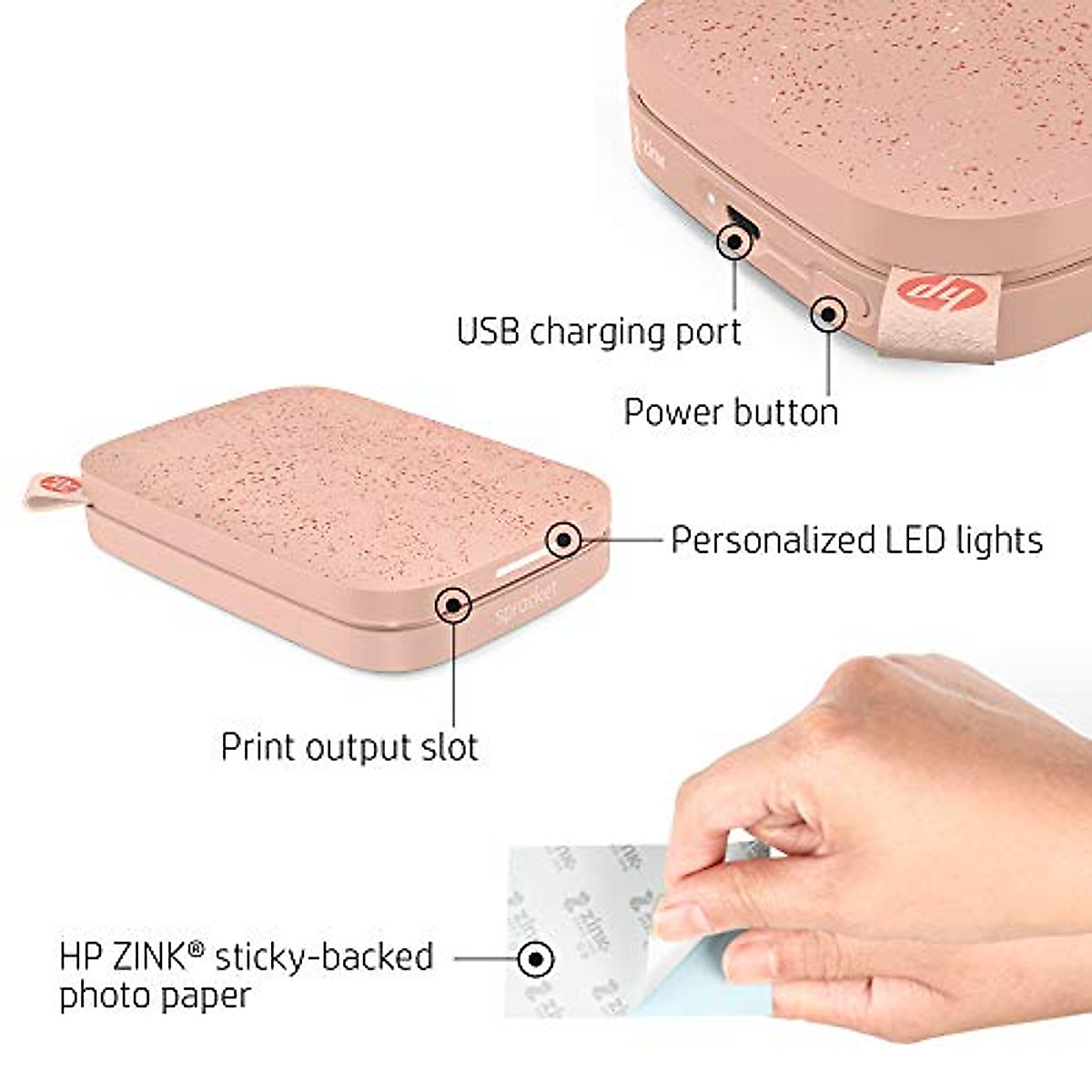 HP Sprocket Portable 2x3" Instant Color Photo Printer (Blush) Print Pictures on Zink Sticky-Backed Paper from your iOS & Android Device.