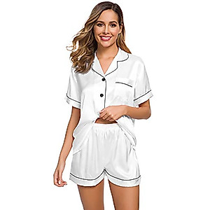 SWOMOG Womens Silk Satin Pajamas Short Sleeve Loungewear Two-Piece Sleepwear Button-Down Pj Set White
