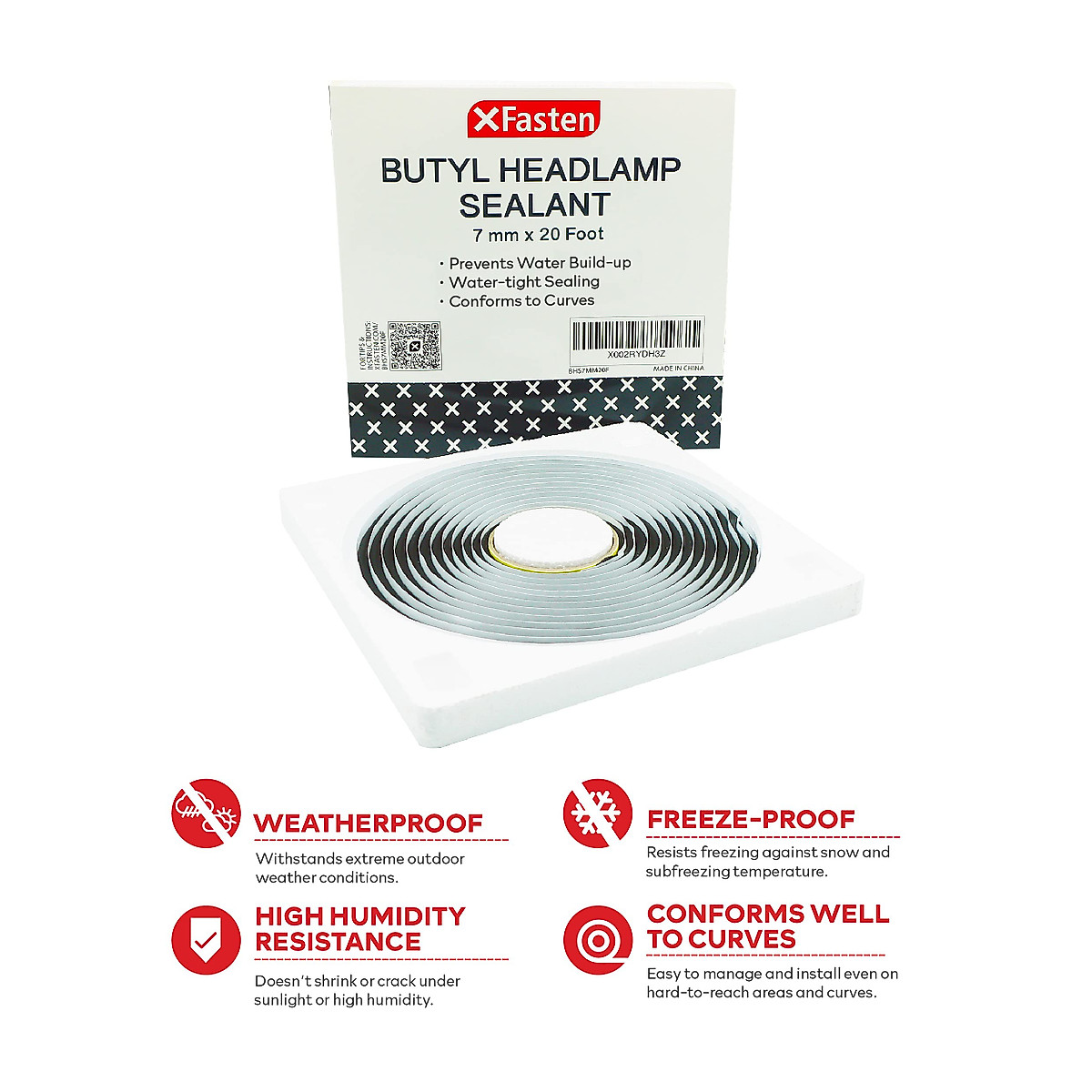 XFasten Butyl Headlamp Sealant, 7 millimeters x 20 Feet, 7 millimeters Thick, OEM Grade Automotive Rubber Butyl Rope Tape for Headlamp, Headlight, Windshield, Window, and Pool Light Sealant Tape