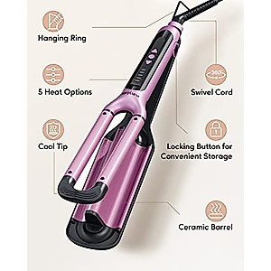 Wavytalk Beach Waves Curling Iron 3 Barrel Deep Hair Waver Hair Crimper Ceramic Curling Wand Beachy Waving Wand Hair Iron Adjustable Heat 300℉ - 420 ℉ Dual Voltage Pink