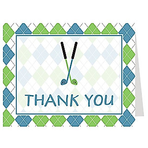 Golf Thank You Cards Little Putter Baby Shower Theme Sports Birthday Party Sports Sprinkle Golf Theme Argyle Blue Green Putt Putt Tee Par-tee Clubs (24 count)