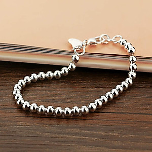 Dankadi New Women's 925 Sterling Silver Bracelet Minimalist 4-6MM Round Bead Chain Solid Silver Bracelet Charm Jewelry Lobster Claw Clasp (Silver 4mm16cm)