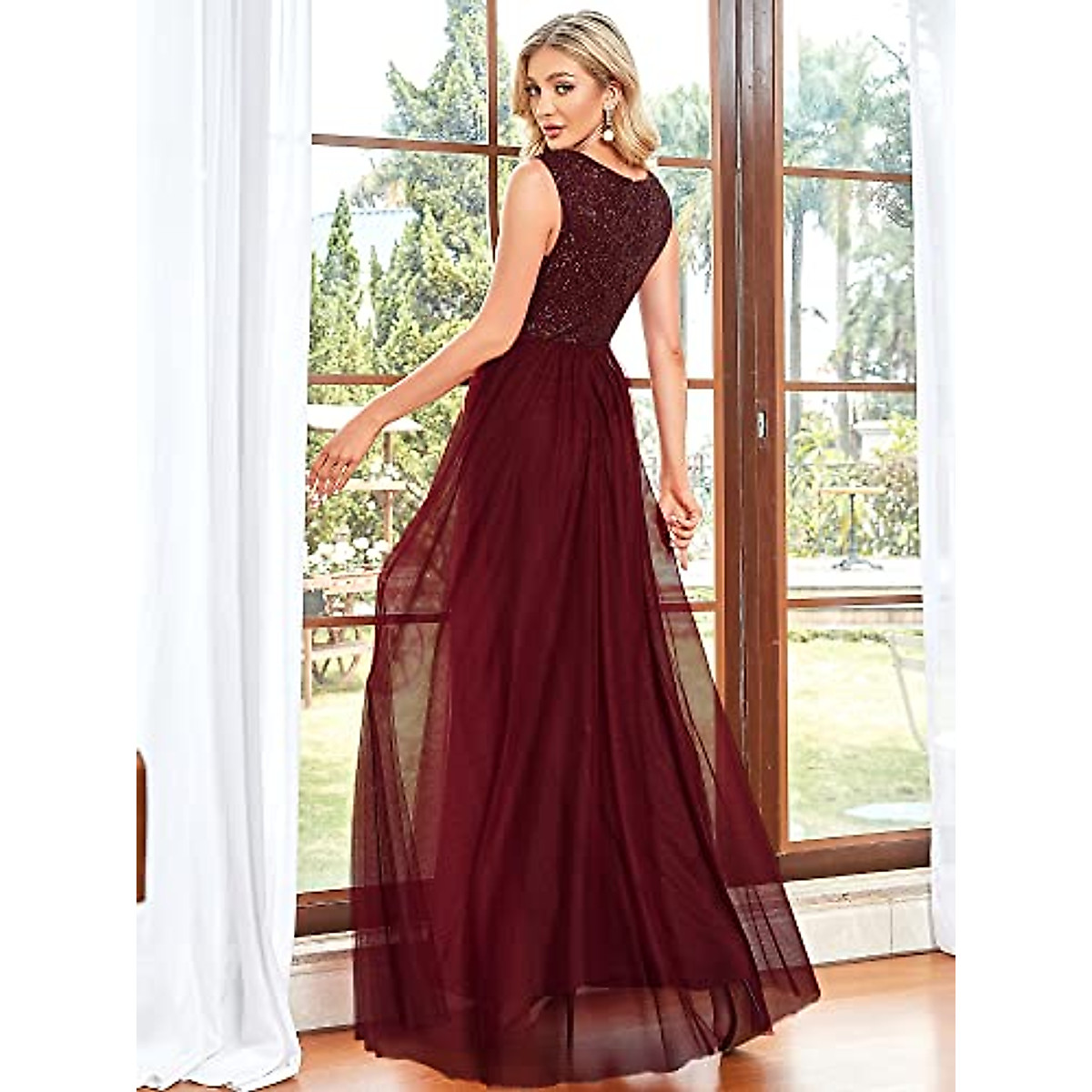 Ever-Pretty Women's Long Glitter A-line Tulle Formal Wedding Party Dress for Women Burgundy US14