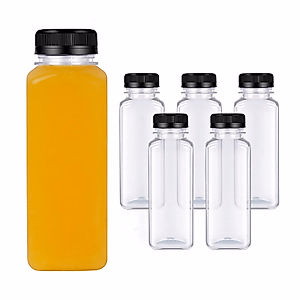 HIQQUGU 6 Pcs 10 OZ Plastic Juice Bottles, Reusable Bulk Beverage Containers, For Juice, Milk And Beverages, with Black Lids.
