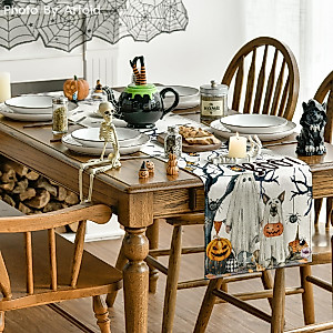 Artoid Mode Ghost Pumpkins Tree Dog Boo Halloween Table Runner, Seasonal Fall Kitchen Dining Table Decoration for Home Party Decor 13x72 Inch