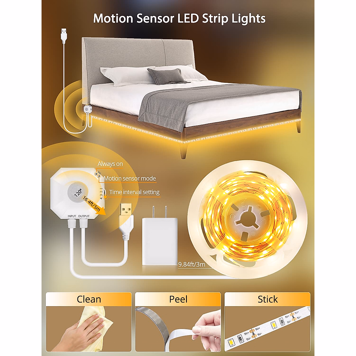 MATICOD Motion Sensor Light Indoor Under Bed Lights Under Cabinet Lights, Motion Activated Led Light Strip for Bedroom,Warm White LED Closet Lights Motion Sensored Under Cabinet Lighting NO APP