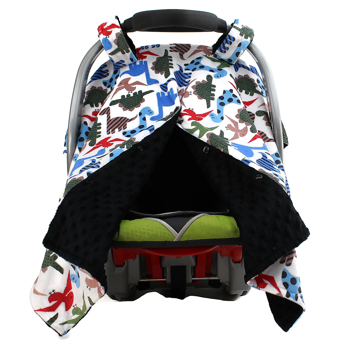 Dear Baby Gear - Baby Car Seat Canopy - Infant Car Seats Covers - Carseat Canopies for Boys and Girls - Toddler Carseat Cover with Snap Opening (Prehistoric Multicolored Dinosaur, Black Dot 40"x30")