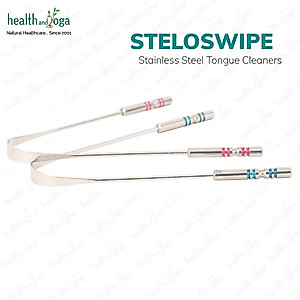 HealthAndYoga™ SteloSwipe His and Hers Premium Tongue Cleaners for Partner and You (2 pcs) - Quality Steel Tongue Scrapers with Color Identifying Hygienic Steel Grips