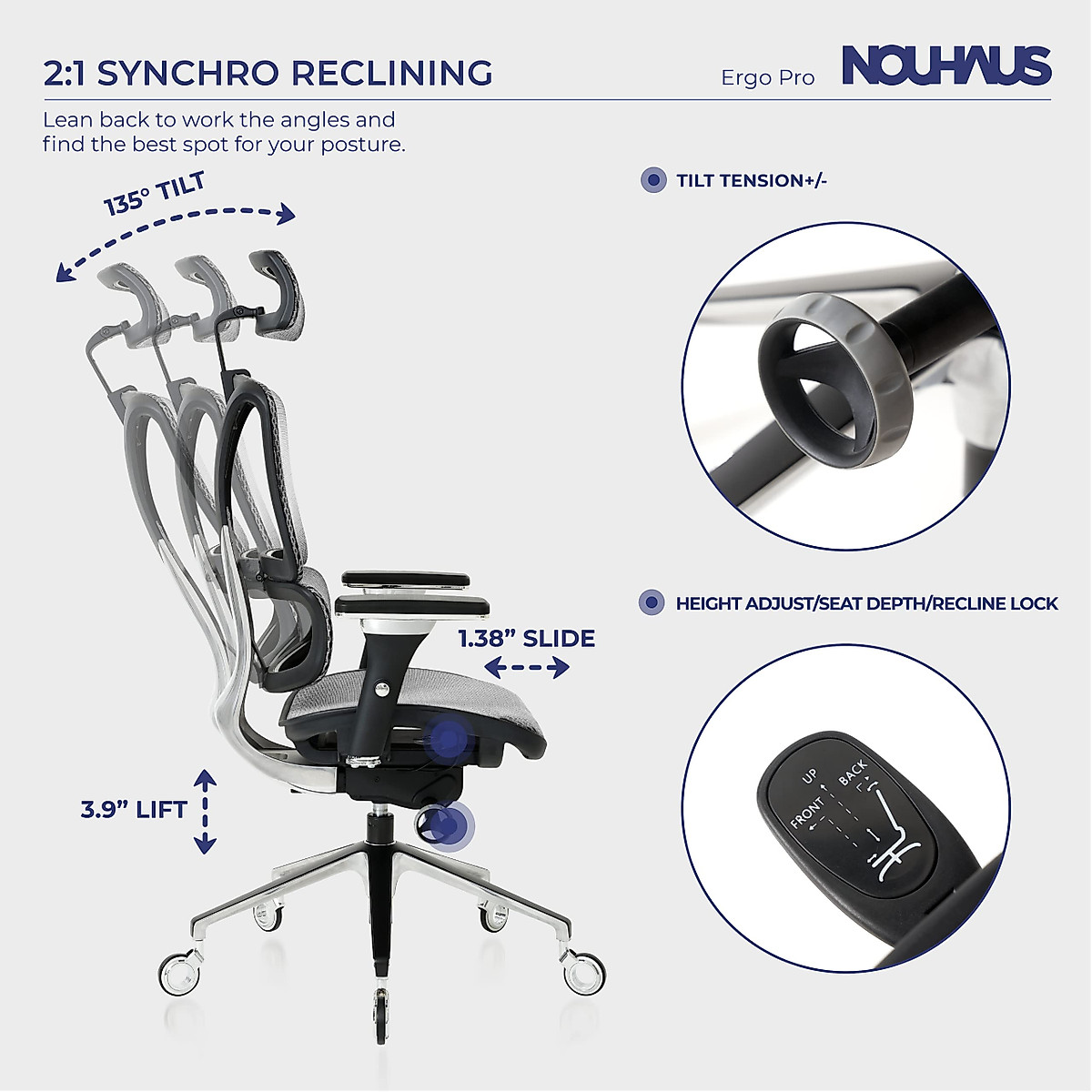 Nouhaus Ergonomic Office Chair Lumbar Support Aluminum Alloy Backrest, Big and Tall Mesh Computer Desk Chair with Adjustable Headrest, 4D Armrest and Premium Wheels(ErgoPRO,Silver)