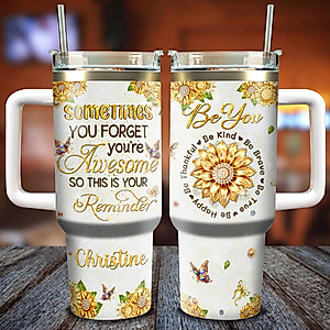 WAZONE Personalized You Forget That You’re Awesome 40oz Tumbler with Handle and Straw Insulated Travel Mug Stainless Steel Sun Flower Inspirational Sayings Holiday Gift Idea for Women Girl