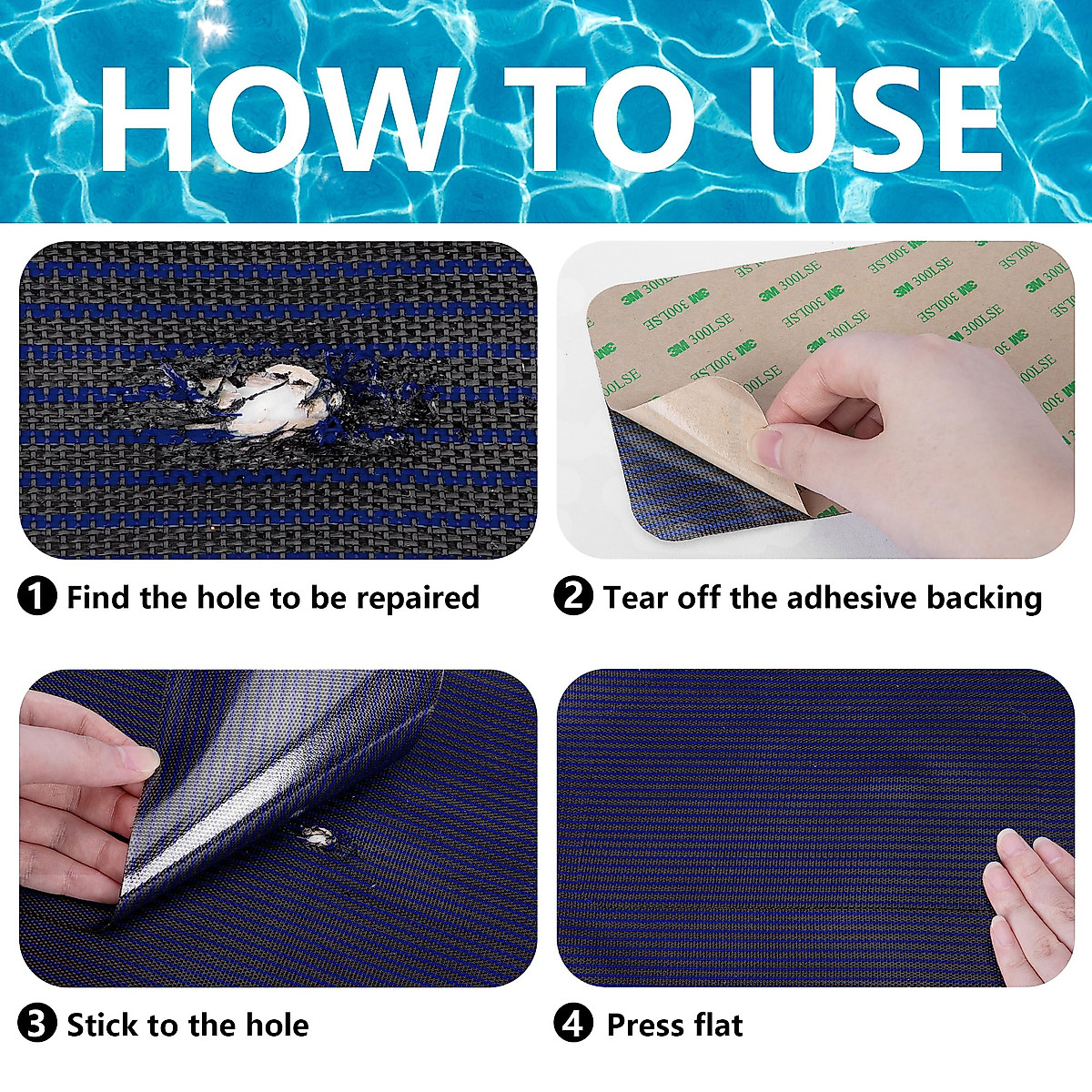 Lfutari 6pcs Swimming Pool Cover Repair Kit - Blue Pool Safety Cover Patch Kit - Self-Adhesive Mesh Pool Cover Saver Patch Kit for Inground Safety Pool Cover (2pcs 12x8 inch+4pcs 4X8 inch)