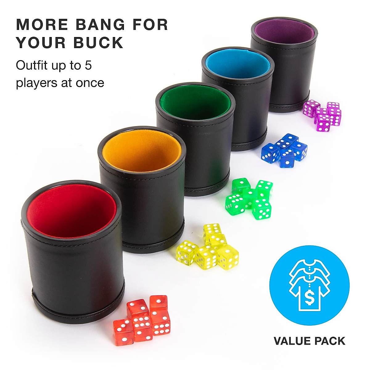 Brybelly Dice Set with Dice Shaker Cup - Perfect for Casino Dice Game - Dice Games for Family - Quality Leather Dice Cup - Poker Dice Shaker - Multicolor Dice Cups and 25 Multicolor Dice Sets