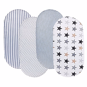 Bassinet Sheets 4 Pack for Baby Unisex, Stretchy Jersey Knitted Fitted Sheet Universal for Oval Rectangle and Hourglass Bassinet Mattress, White and Grey, Neutral for Baby Boy and Girl