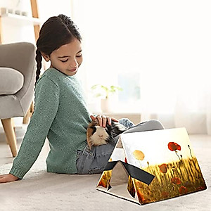 enheng Small Pet Hideout Sunset Poppy Grass Hamster House Guinea Pig Playhouse for Dwarf Rabbits Hedgehogs Chinchillas