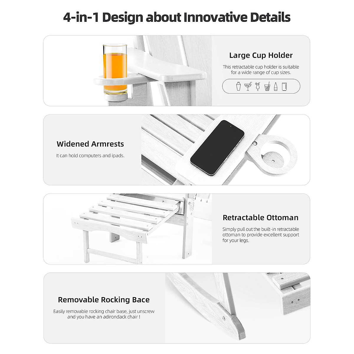 Serique Folding Adirondack Rocking Chair,4-in-1 Multifunctional Patio Chair with Retractable Ottoman, Outdoor Chair Wood Texture, Lawn Chair for Porch, Backyard, Pool(White)