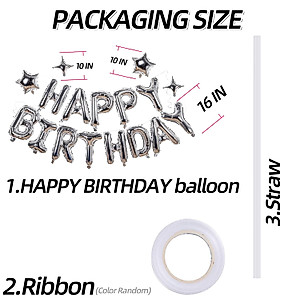 Silver Happy Birthday Banner Balloon Aluminum Foil 16 Inch Letter,10 Inch Five Pointed Star Four Pointed Star Suitable for Kids, Men, Women, Boys and Girls Party Decoration Supplies