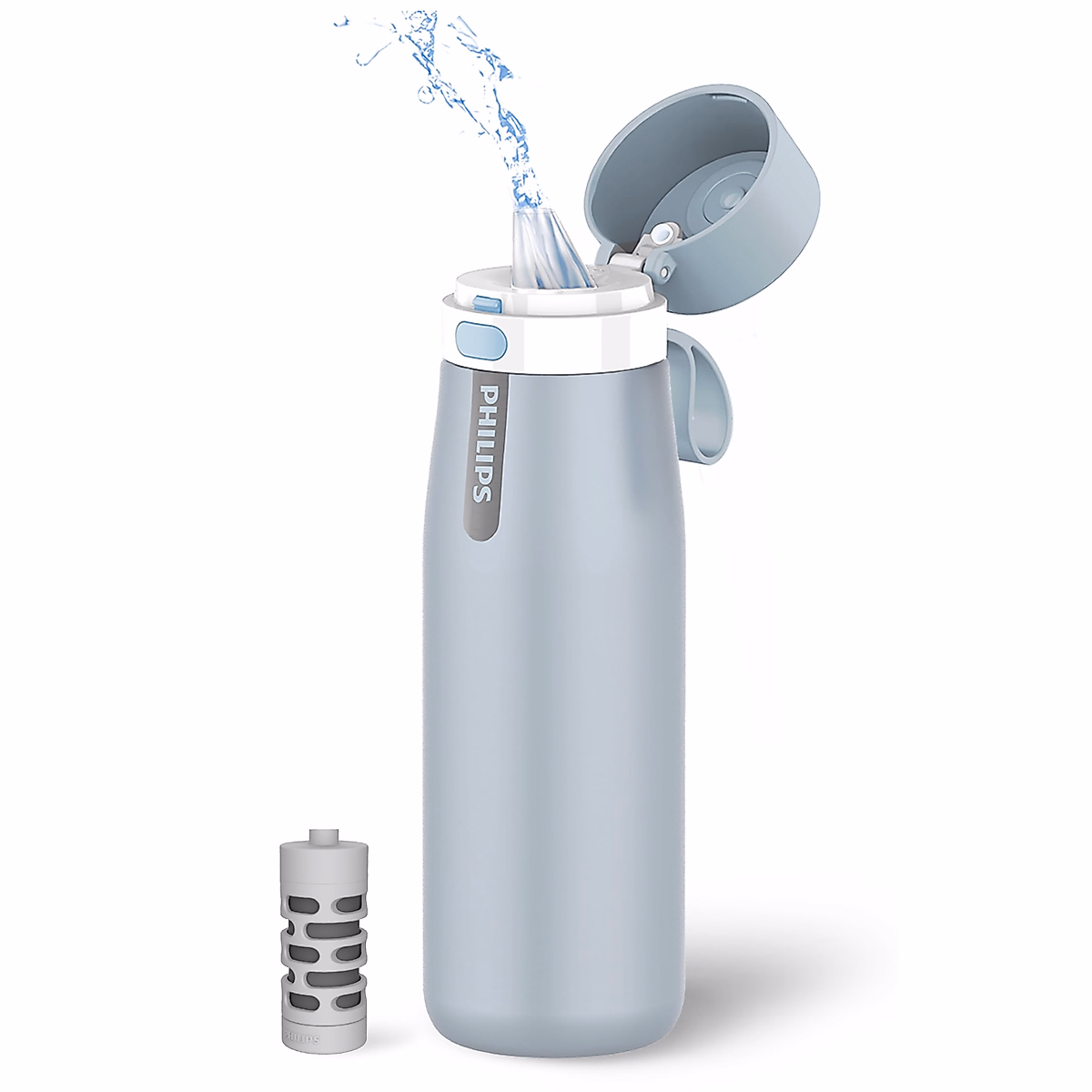 PHILIPS Filtered Water Bottle, Insulated Stainless Steel Water Purifier Bottle for Daily Life & Travel, BPA Free with GoZero Everyday Filter for Cleaner & Tastier Tap Water, Keeps Cold, 18.6 oz Blue
