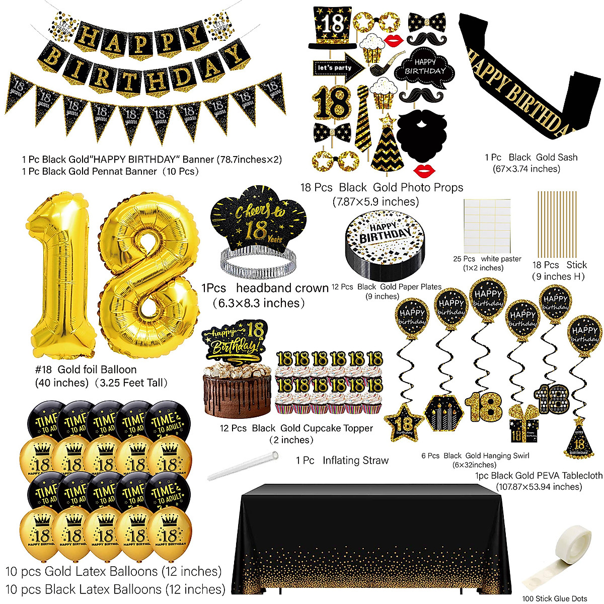 18th birthday decorations for boys girls,(76pack) black gold party Banner, Pennant, Hanging Swirl, birthday balloons, Tablecloths, cupcake Topper, Crown, Photo Props, Birthday Sash for men gift
