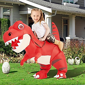 COMIN Inflatable Dinosaur Costume Kids, Ride on Dinosaur Blow Up Trex Costume Red Funny Fancy Dress for Halloween Party 4-6Y