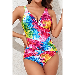 Smismivo Tummy Control Swimsuits for Women Slimming One Piece Bathing Suit Modest Padded Ruched Push Up Long Torso Curvy Shapewear V Neck Criss Cross Swimming Full Coverage Swimwear (Color Tie Dye)