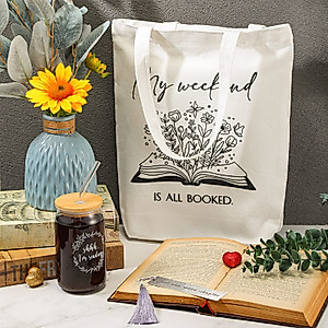 Inbagi Book Lovers Gifts Set Include 16oz Drinking Glass with Bamboo Lid and Straw for Library Tote Bag Stainless Steel Bookmark Gift for Reader Teacher Women(Elegant, 13 x 15 x 4'')