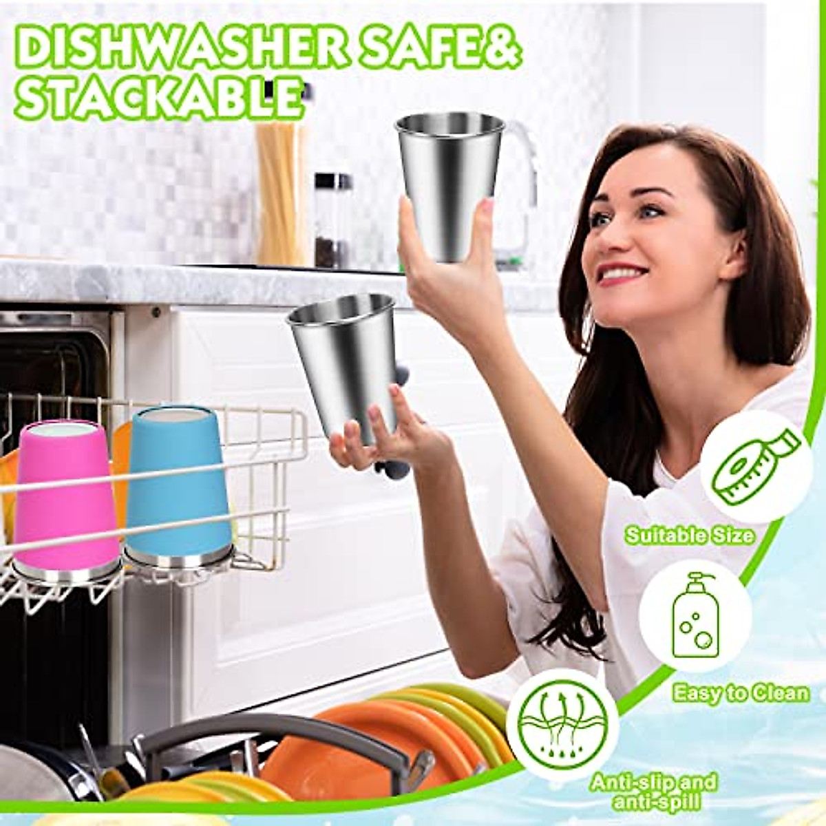 IEBIYO 10 Pack Kids Cups with Straws and Lids Spill Proof Toddlers Mugs with Colorful Silicone Sleeves Kids Stainless Steel Cups Smoothie Tumblers with Lids for Cold & Hot Drinks（12oz (10 Color)