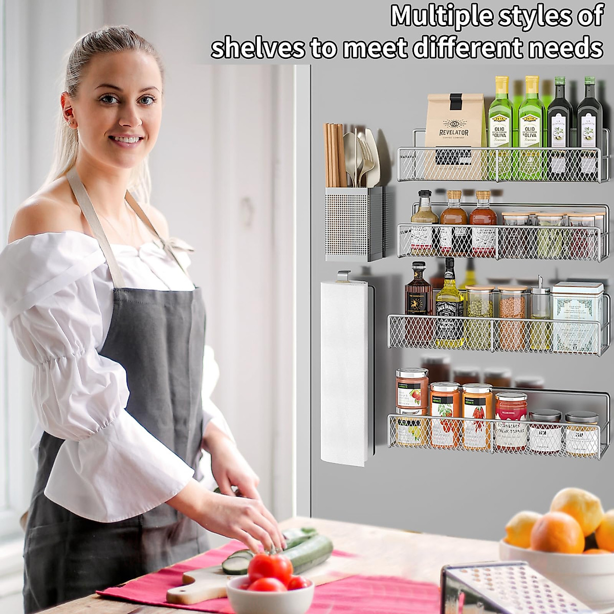 DTUQYX Magnetic Spice Rack for Refrigerator, 6 Pack Metal Magnetic Shelf Grey, Moveable Spice Organizer, Strong Magnetic Storage Fridge Organizer with Paper Towel Holder, Utensils Holder