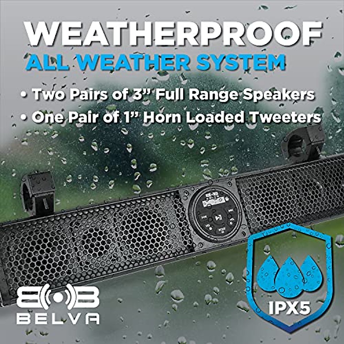 BELVA BASB26 26” Wide IPX5 Weatherproof Marine UTV ATV Sound Bar, Four 3" Speakers, Two 1" Tweeters, Built-in Amplifier, AUX Input, USB Input, Bluetooth Audio and Wireless Remote