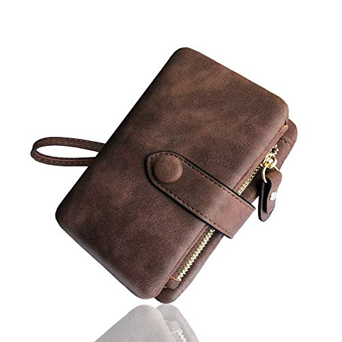 AOXONEL Women's Small Bifold Leather wallet Rfid blocking Ladies Wristlet with Card holder id window Coin Purse (Brown)