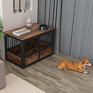 Snimoy Heavy Duty Dog Crate Furniture, Large Pet Cage End Table Wooden Dog Kennel with 3 Doors, Decorative Tall Metal Dog Crate House Indoor with Sturdy Locks for Medium Large Dog