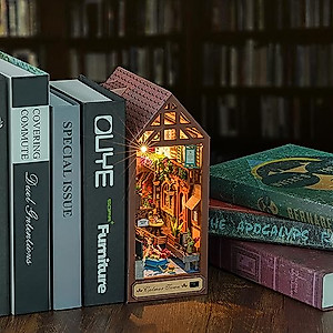 YUXUEWEN DIY Book Nook Kit, 3D Wooden Puzzle Bookend Bookshelf Decor with LED, Book Nook Kits for Adults, DIY Miniature Dollhouse Kit Model, Gifts for Crafts Hobbies Adults Teens