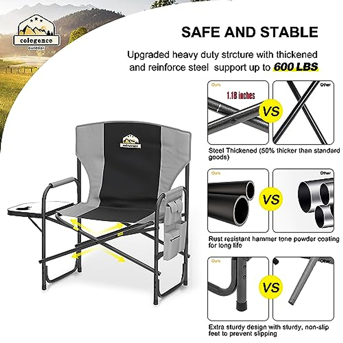 Colegence Oversized Director Camping Chair,600 LBS Heavy Duty Folding Chair,24"Cozy Outdoor Chair,With Cup Holder and Adjustable Table Folding Chair for Outside Beach,Lawn,Fishing,Camping,Patio,Makeup