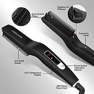 COOLKESI Ionic Hair Beard Straightener Comb, Faster Anti-Scald Ceramic Heated Beard Brush, Upgraded Portable Beard Straightening Comb 6 Adjustable Temp, Unique Stocking Stuffers Gift for Men (Black)