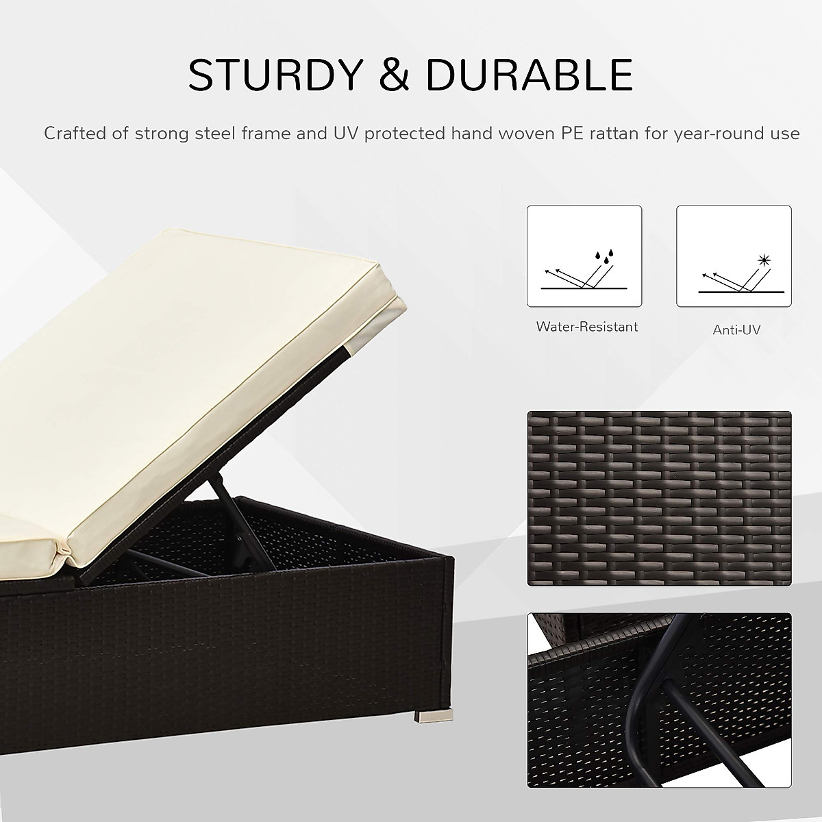 Outsunny Outdoor Lounge Chairs Set of 2 with 5-Level Angles Adjust Backrest, Thick Cushions, & Matching Table, Patio Rattan Furniture Sets for Pool Side, Balcony, Beach, Yard, Cream White