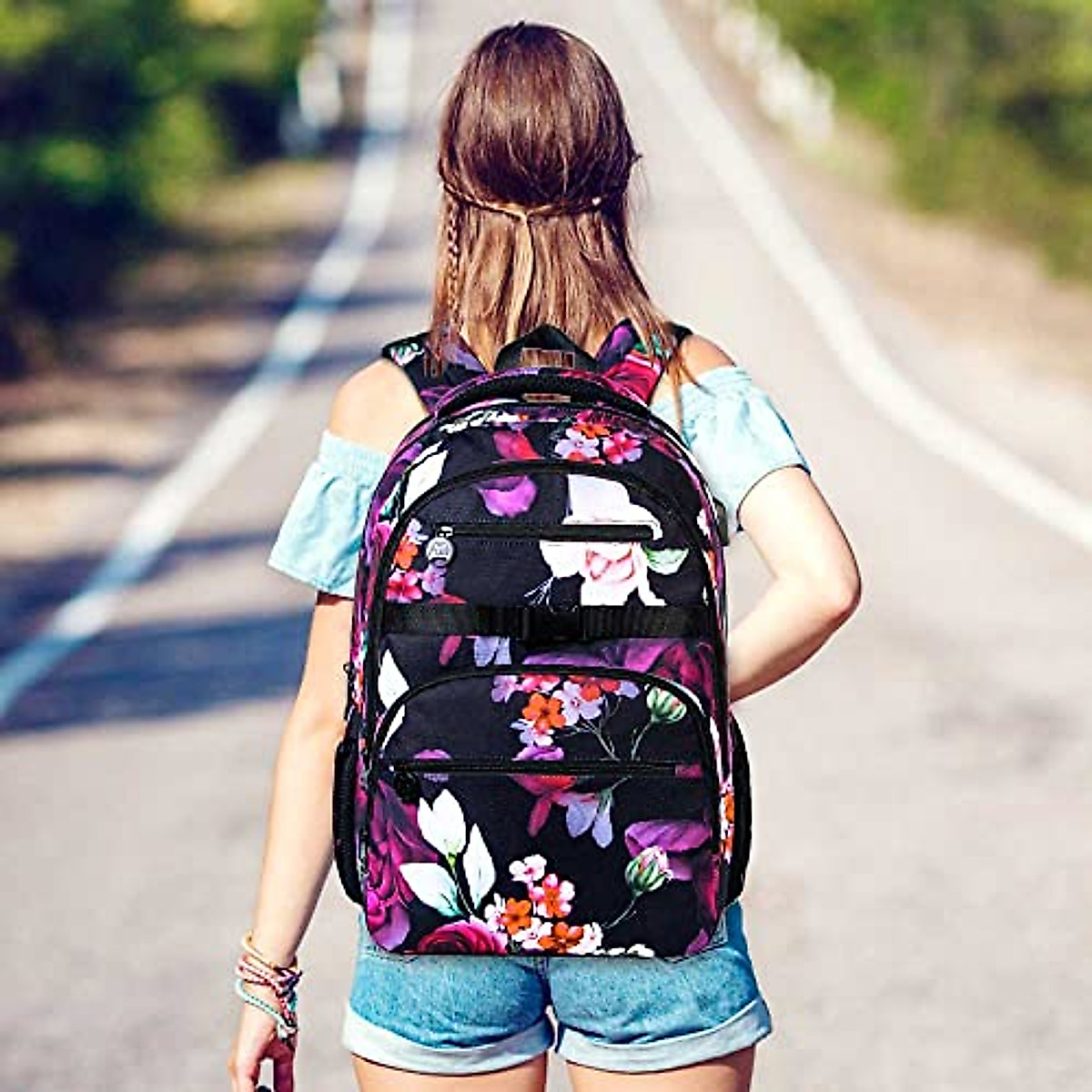 FTJCF Laptop Backpack, 16 Inch School Bag College Bookbag, Anti Theft Daypack Bags and Lunch Bag Set, Water Resistant Rose Backpacks for Teens Girls Women Students (Black)