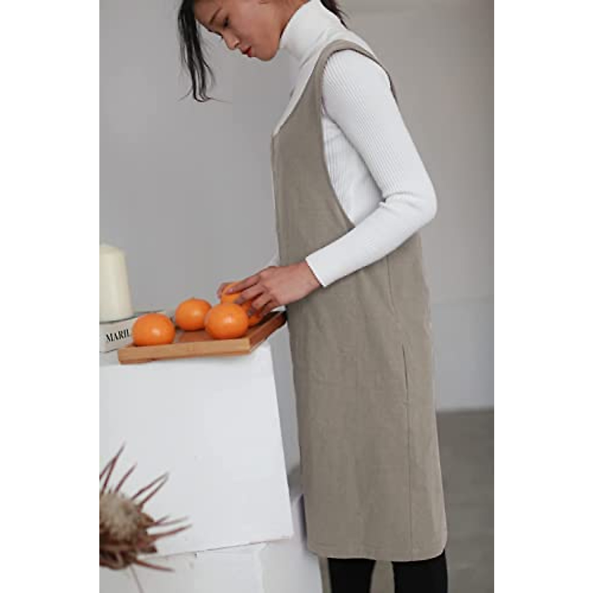 AOBBYBBS Cotton Linen Apron Halter CrossBack Bandage Aprons Japanese Style X Shape Pocket (Khaki)