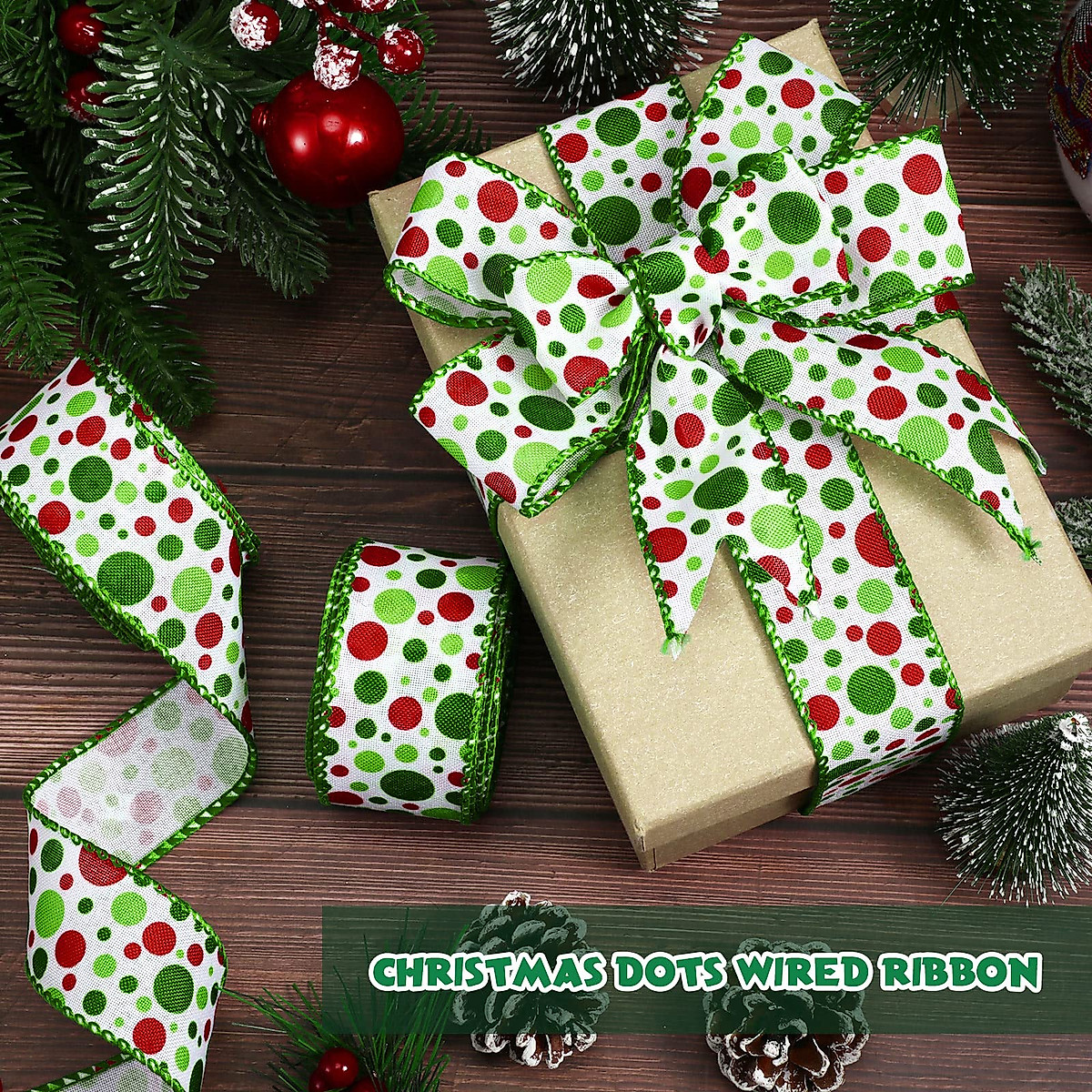 Hanaive 20 Yards Christmas Polka Dot Ribbon Xmas Wired Ribbon Christmas Tree Ribbons Decoration Green Red Polka Dot Printed Christmas Ribbons DIY Decorative for Wreaths Gifts Wrapping (1.5 Inch)