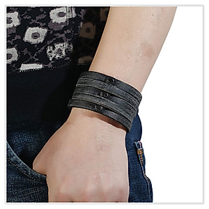 Mgutillart Punk Alloy Buckle Wide Wristband Braided Leather Cuff Bracelet(Black)